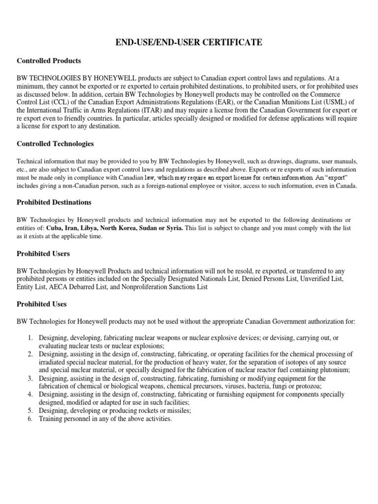 End-Use/End-User Certificate: Controlled Products | PDF | Nuclear ...
