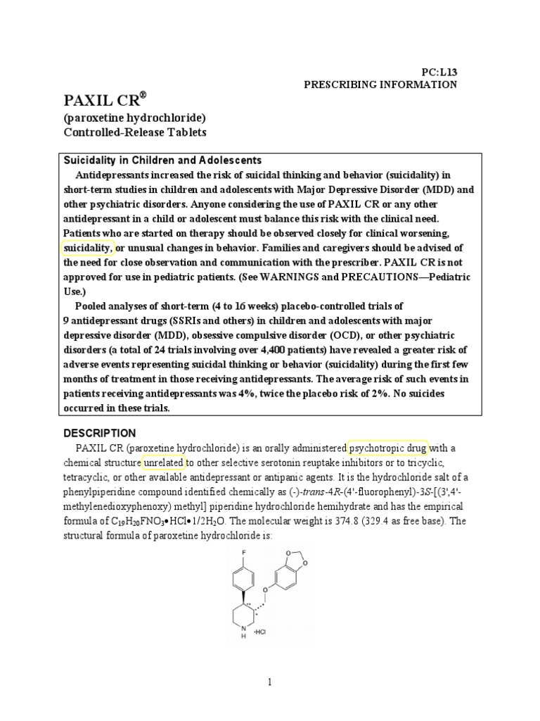 Paxil CR: (Paroxetine Hydrochloride) Controlled-Release Tablets | PDF ...