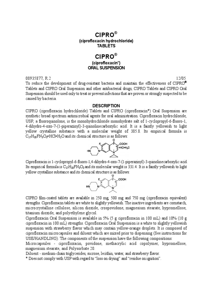 Cipro: (Ciprofloxacin Hydrochloride) Tablets | PDF | Pneumonia | Medicine