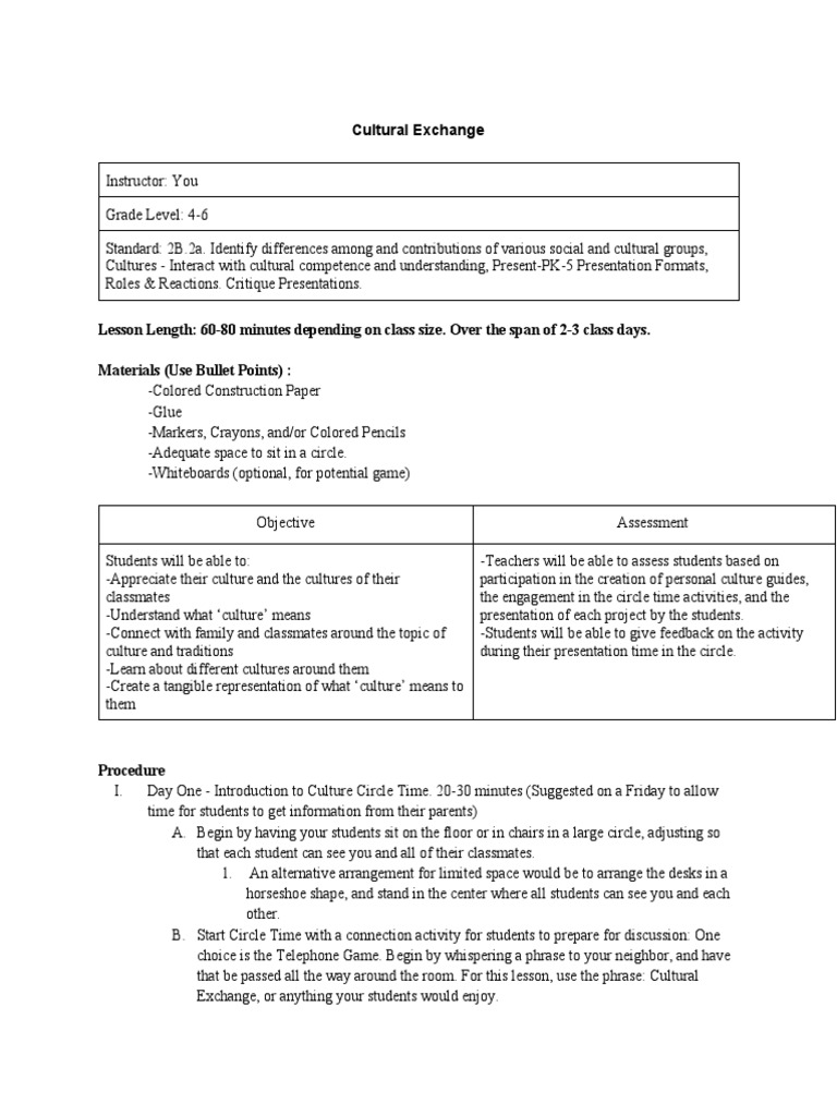 Cultual Exchange Lesson Plan | PDF | Lesson Plan | Communication