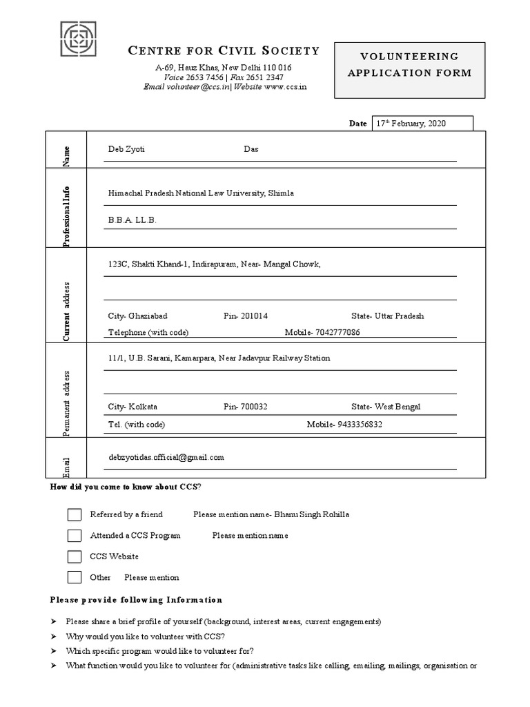 CCS Volunteer Application | PDF | Communication