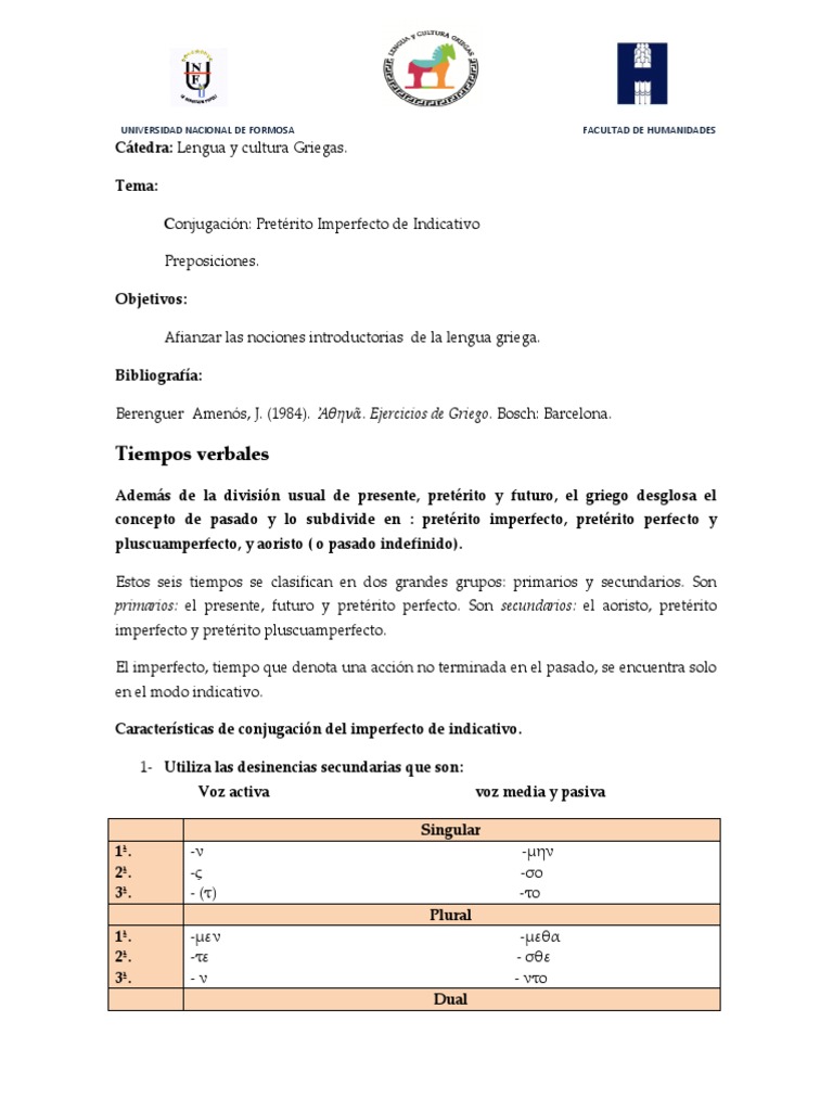 Pretérito Imperfecto y Preposiciones PDF | PDF | Conjugación gramatical | Lengua griega