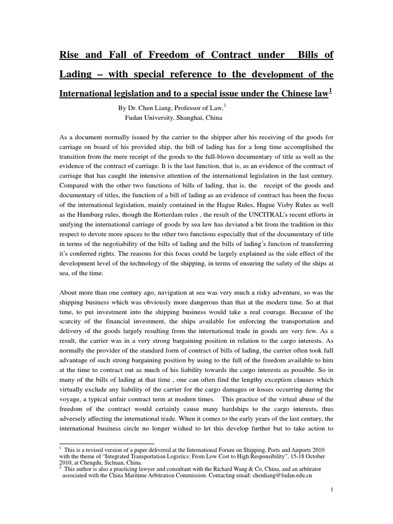 Rise and Fall of The Freedom of Contract Under The Bills of Lading ...