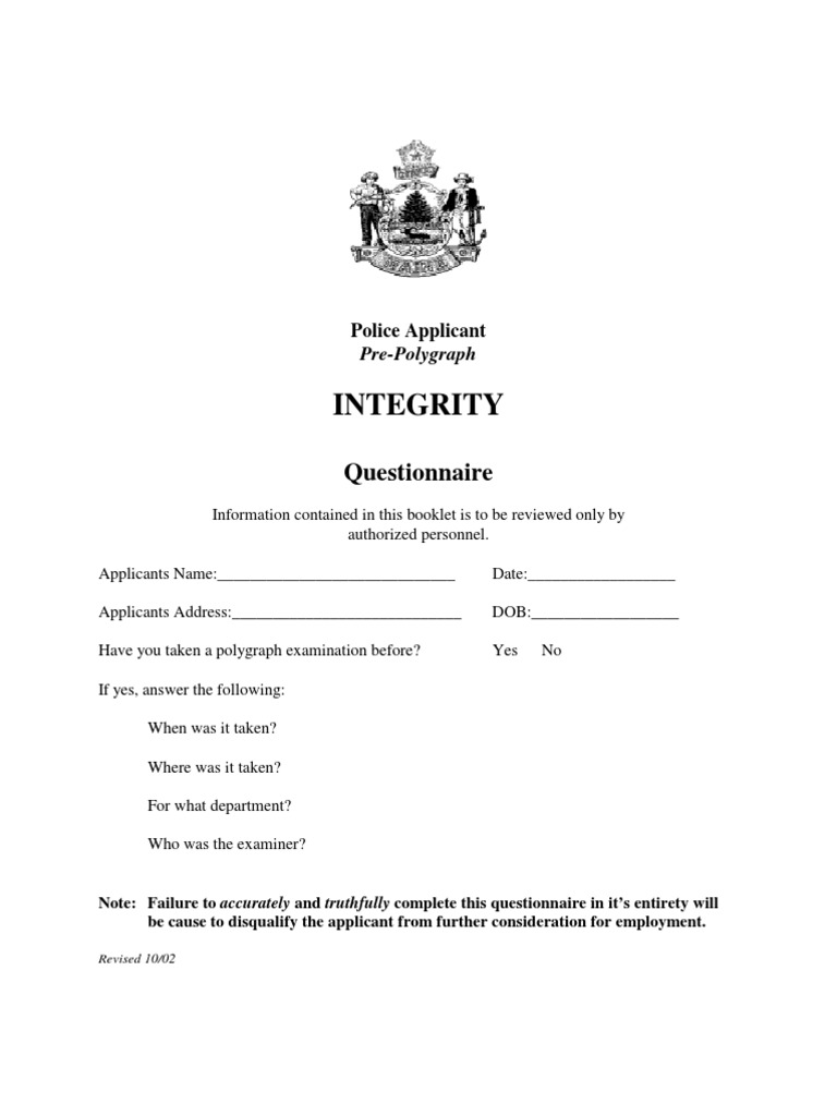 Pre-Employment Integrity Questionnaire for Police Applicant Pre ...