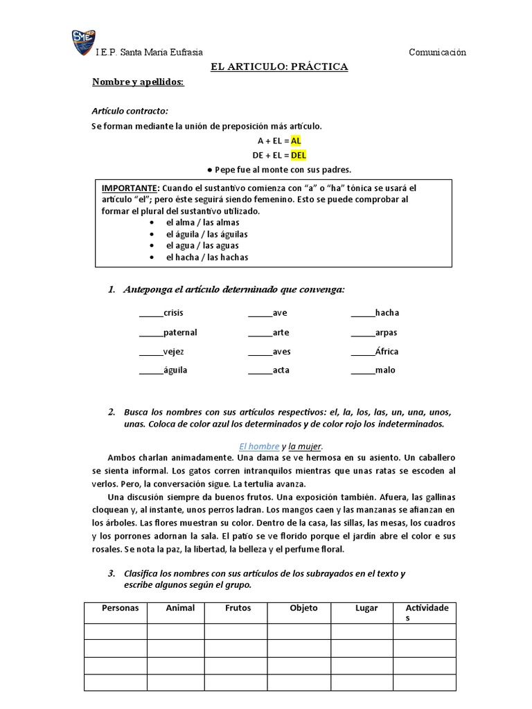 Ejercicios sobre el artículo para primaria | PDF | Idiomas