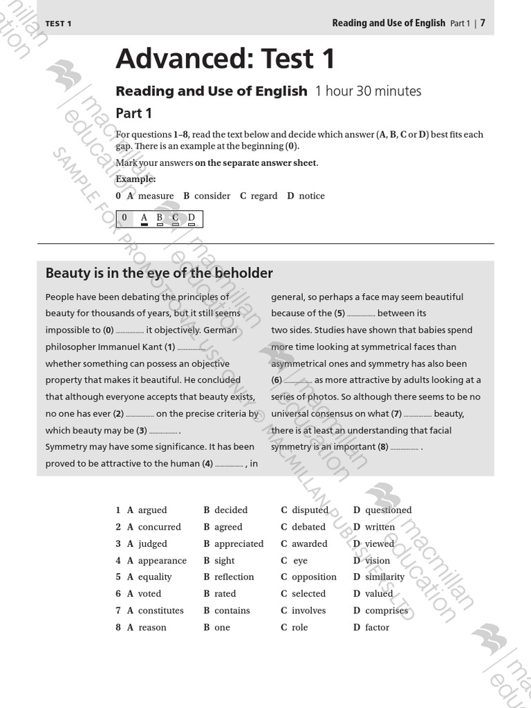 Advanced: Test 1: Reading and Use of English 1 Hour 30 Minutes | PDF ...