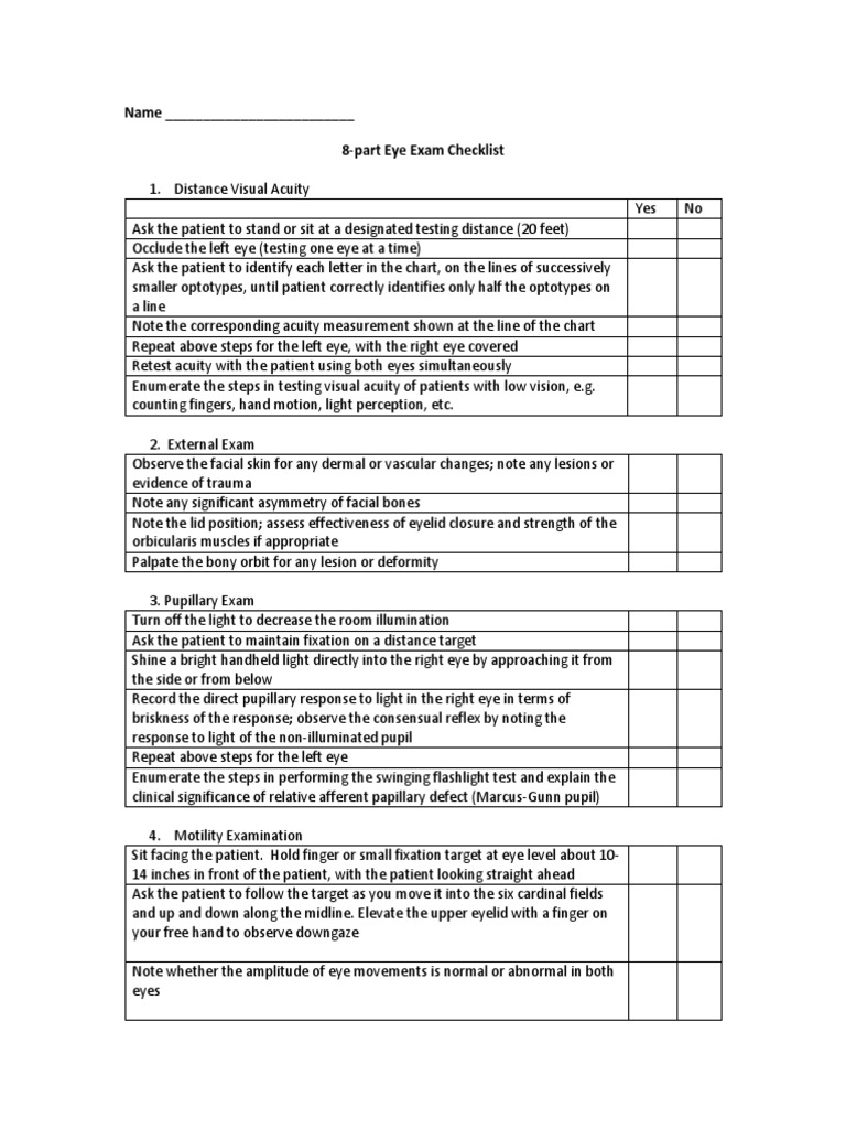 Checklist | PDF | Visual Acuity | Eye