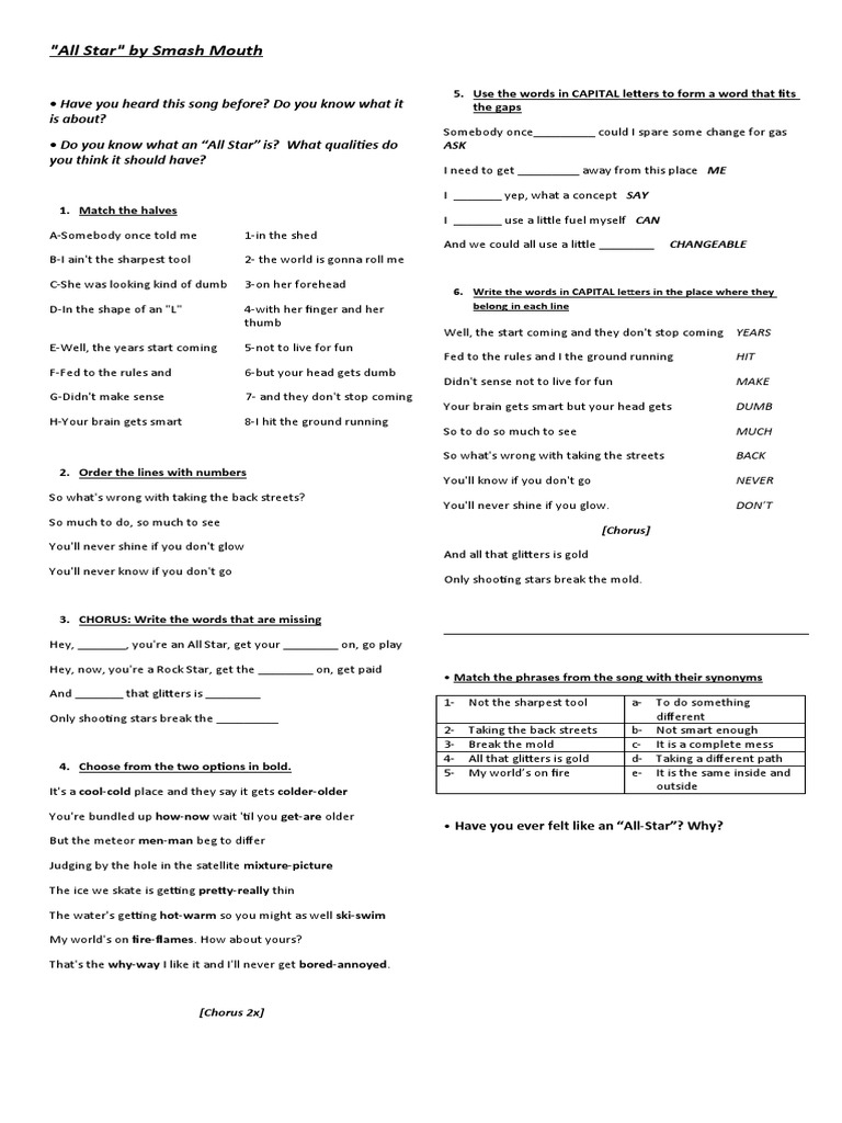 All Star Smash Mouth Worksheet Activities With Music Songs Nursery ...