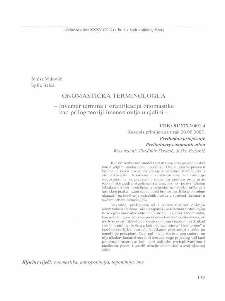 Sinisa - Vukovic - Onomasticka Ispitivanja | PDF
