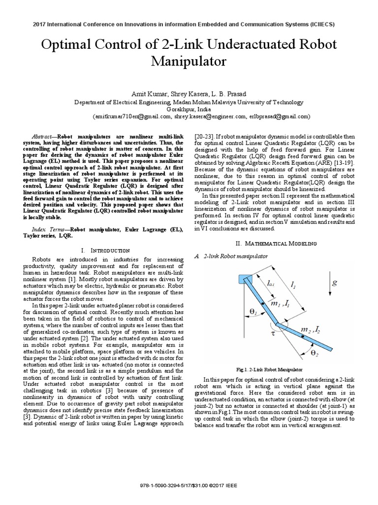 Optimal Control of 2-Link Underactuated Robot Manipulator: Amit Kumar, Shrey Kasera, L. B ...