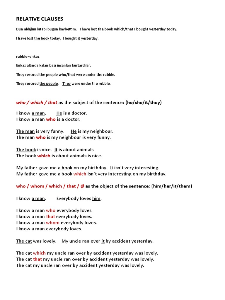 Relative Clauses: As The Subject of The Sentence: (He/she/it/they) | PDF