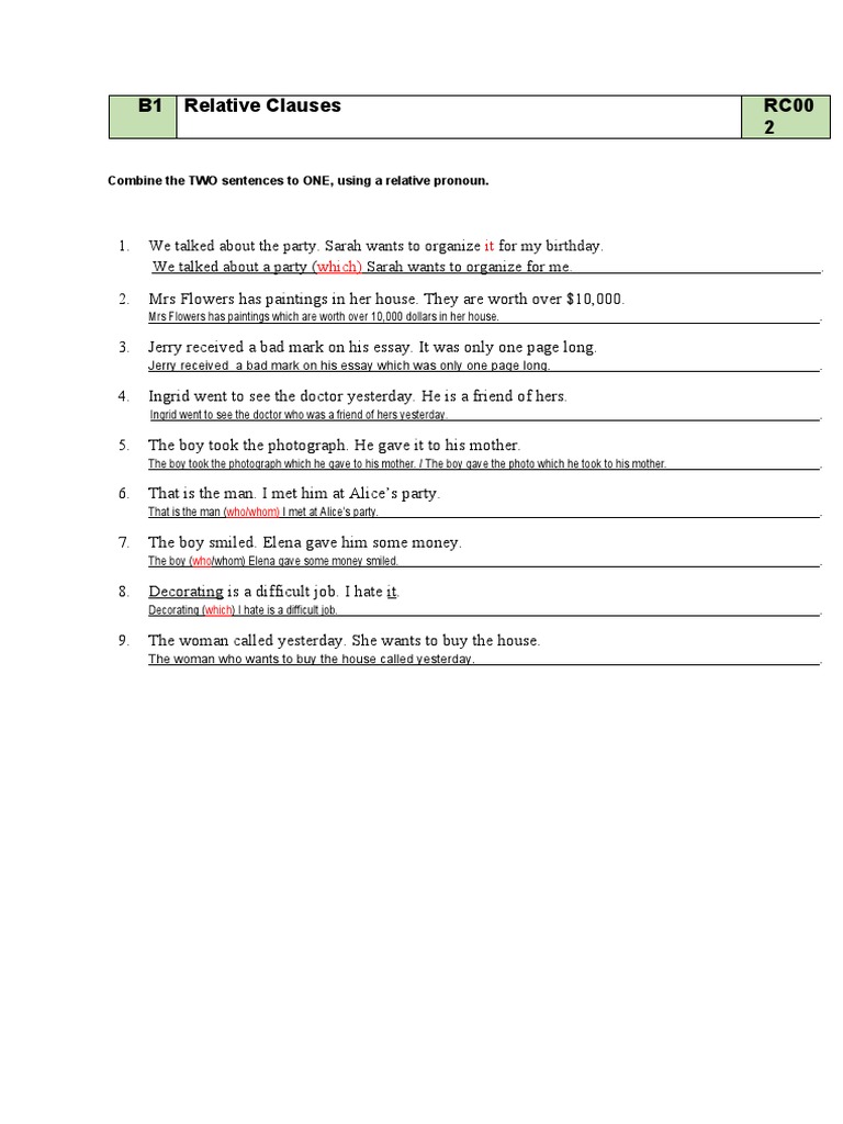 RELATIVE CLAUSES Homework 1 | PDF