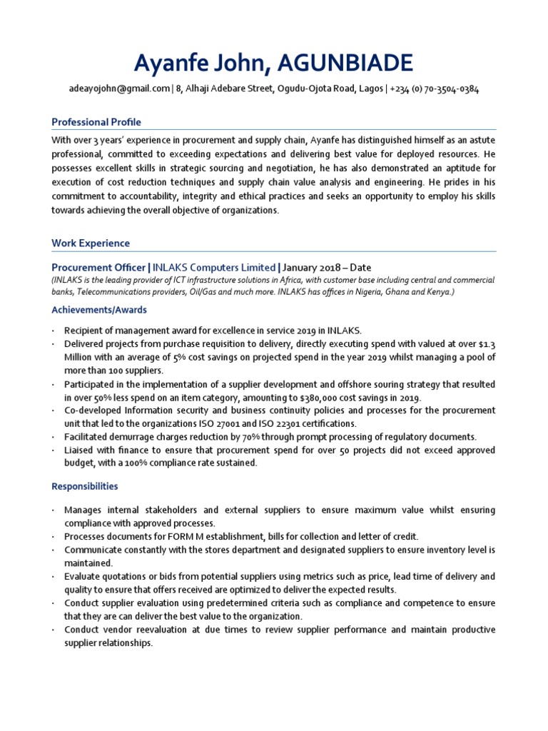 Resume For Application Ayanfe John Agunbiade | PDF | Supply Chain | Procurement
