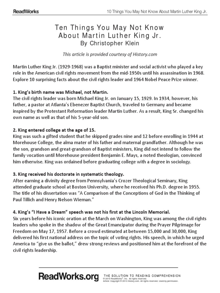 Ten Things You May Not Know About Martin Luther King JR 1290 Passage ...