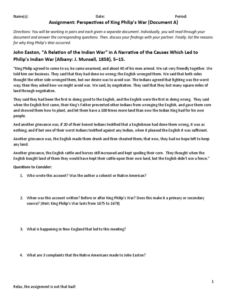 06 - STD Assignment King Philips War | PDF | Native Americans In The ...