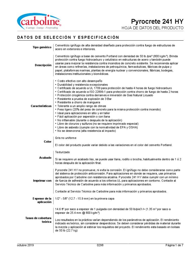 Pyrocrete 241 HY PDS PDF | PDF | Densidad | Agua