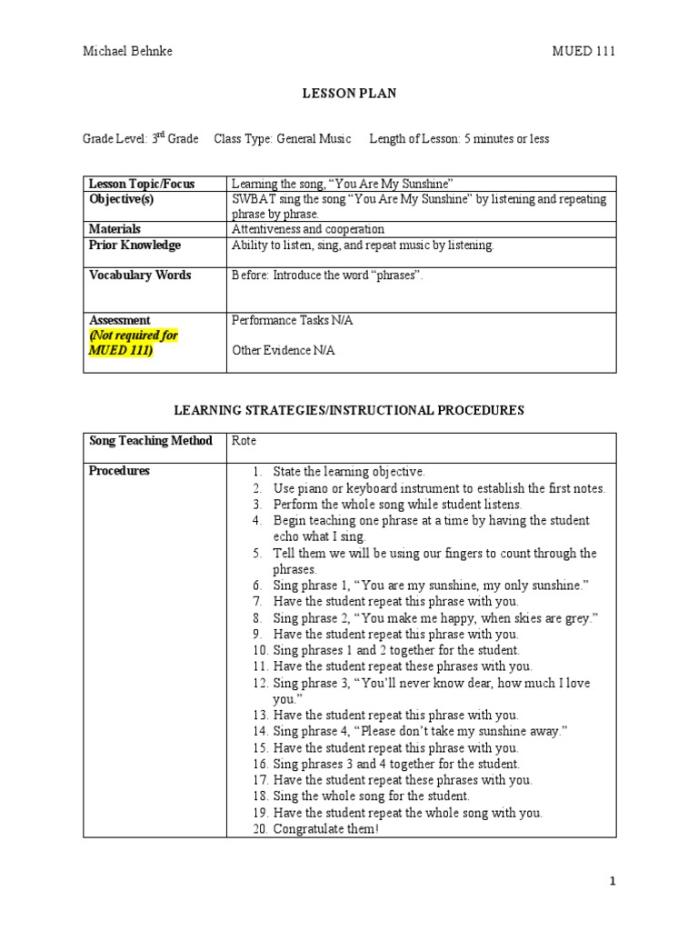 Song Teaching Lesson Plan | PDF | Lesson Plan | Education Theory