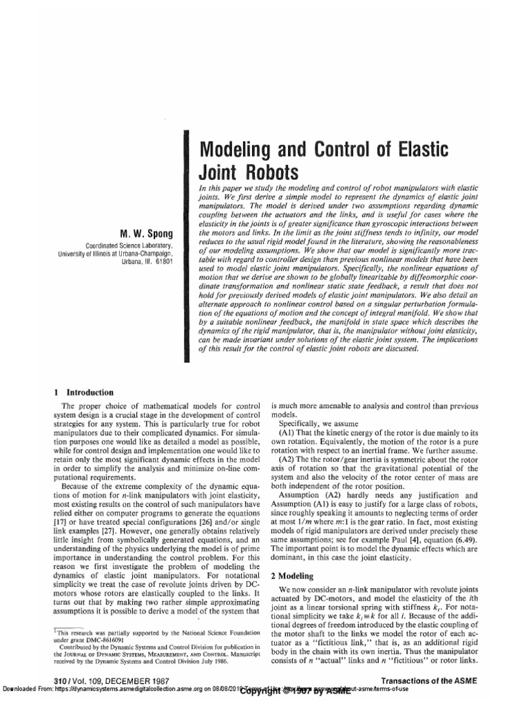 Modeling and Control of Elastic Joint Robots: M.W. Spong | PDF | Rotation Around A Fixed Axis ...
