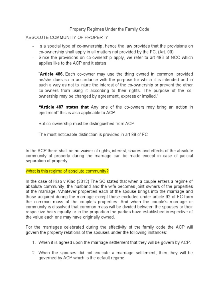 Property Regimes Under The Family Code | PDF | Concurrent Estate | Marriage
