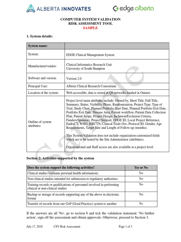 Computer System Validation Risk Assessment Tool | PDF | Clinical Trial ...