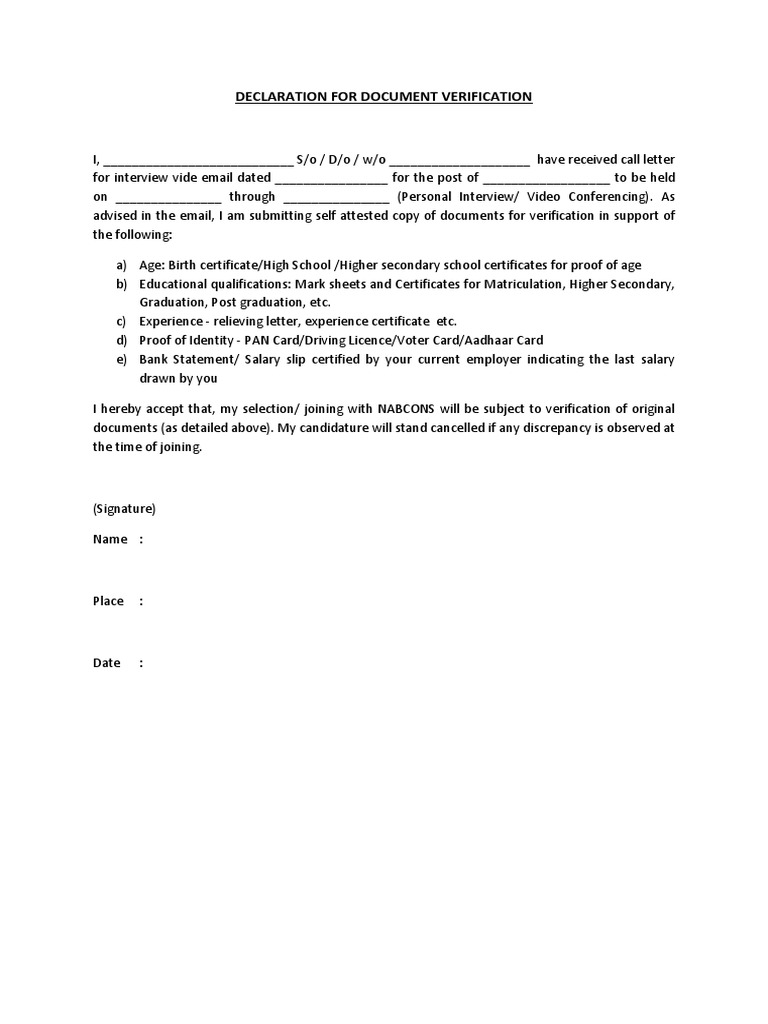 Declaration For Document Verification | PDF