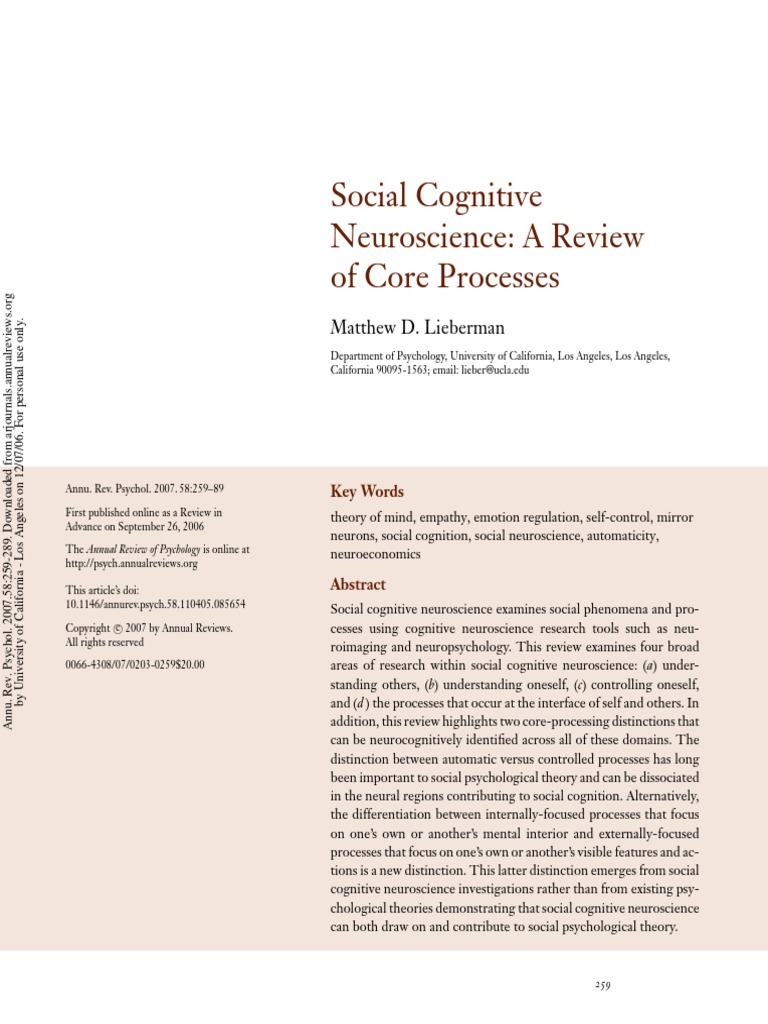 Social Cognitive Neuroscience A Review of Core Processes | PDF ...