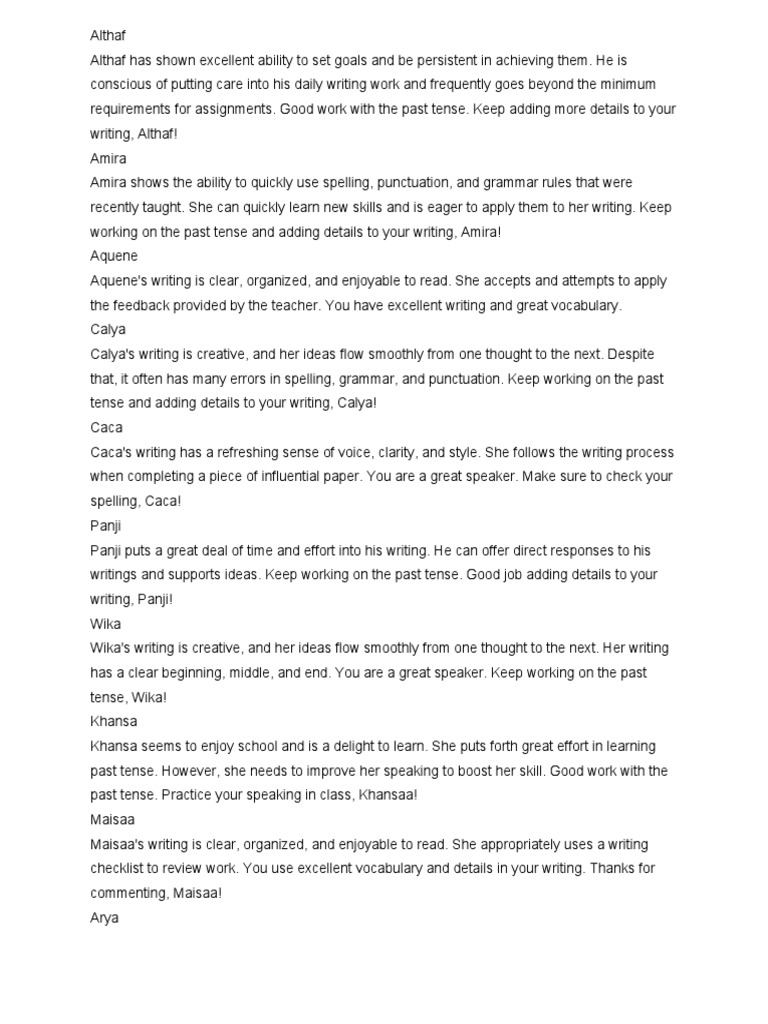 English Report Card Comments | PDF | Human Communication | Cognition