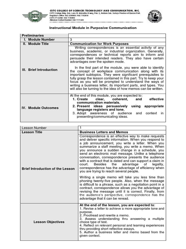 Mid-Term Module 3 Les 1 - Revised | PDF | Memorandum | Paragraph