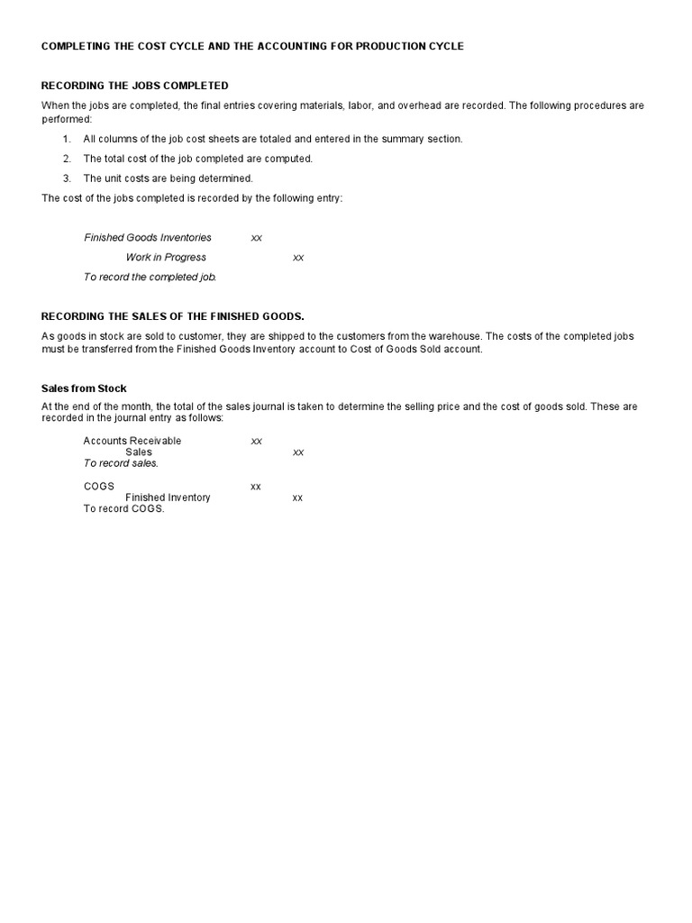 Finished Goods Inventories XX Work in Progress XX To Record The Completed Job | PDF | Cost Of ...