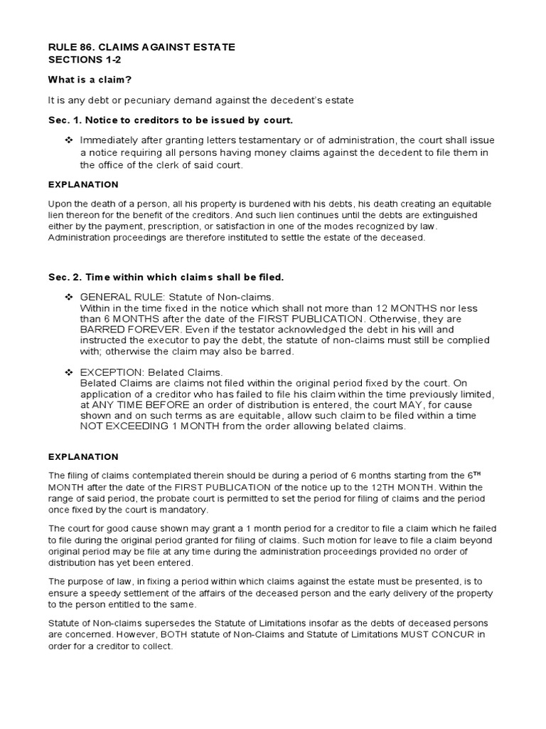 Rule 86. Claims Against Estate Sections 1-2 What Is A Claim? | PDF ...