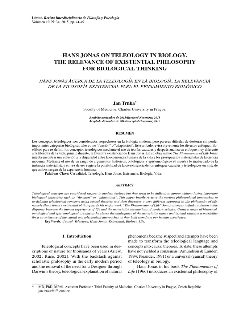 Hans Jonas On Teleology in Biology - Jan Trnka | PDF | Science | Metafísica