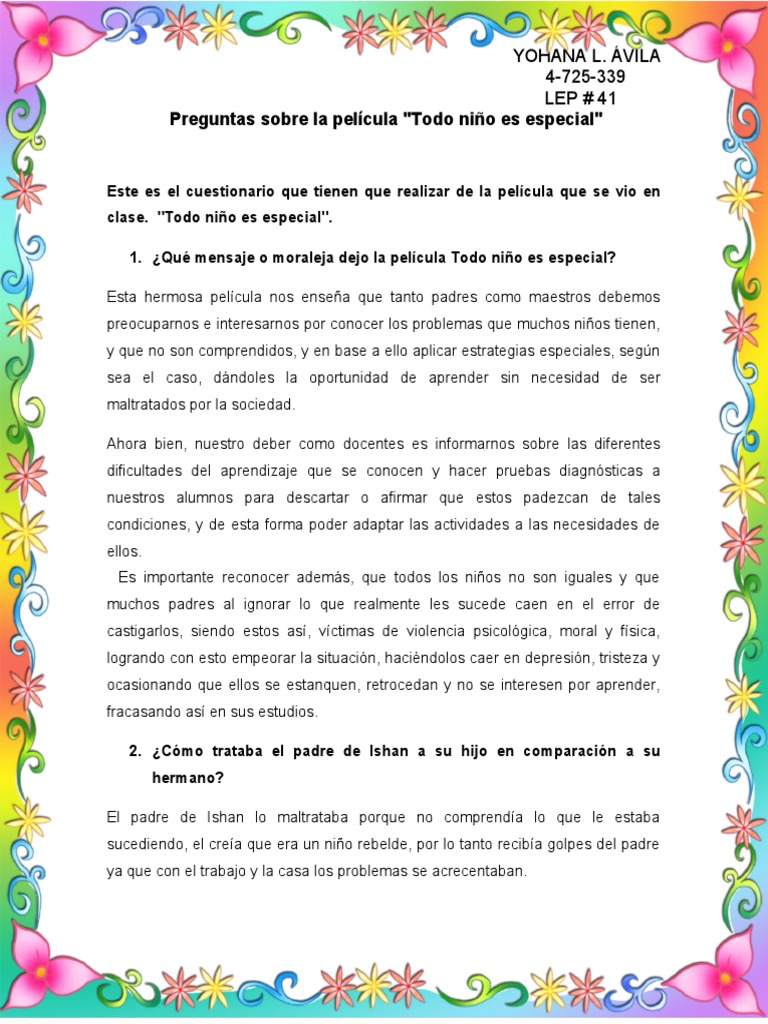 Preguntas Sobre La Pelicula Todo Nino Es Especial | PDF | Maestros ...