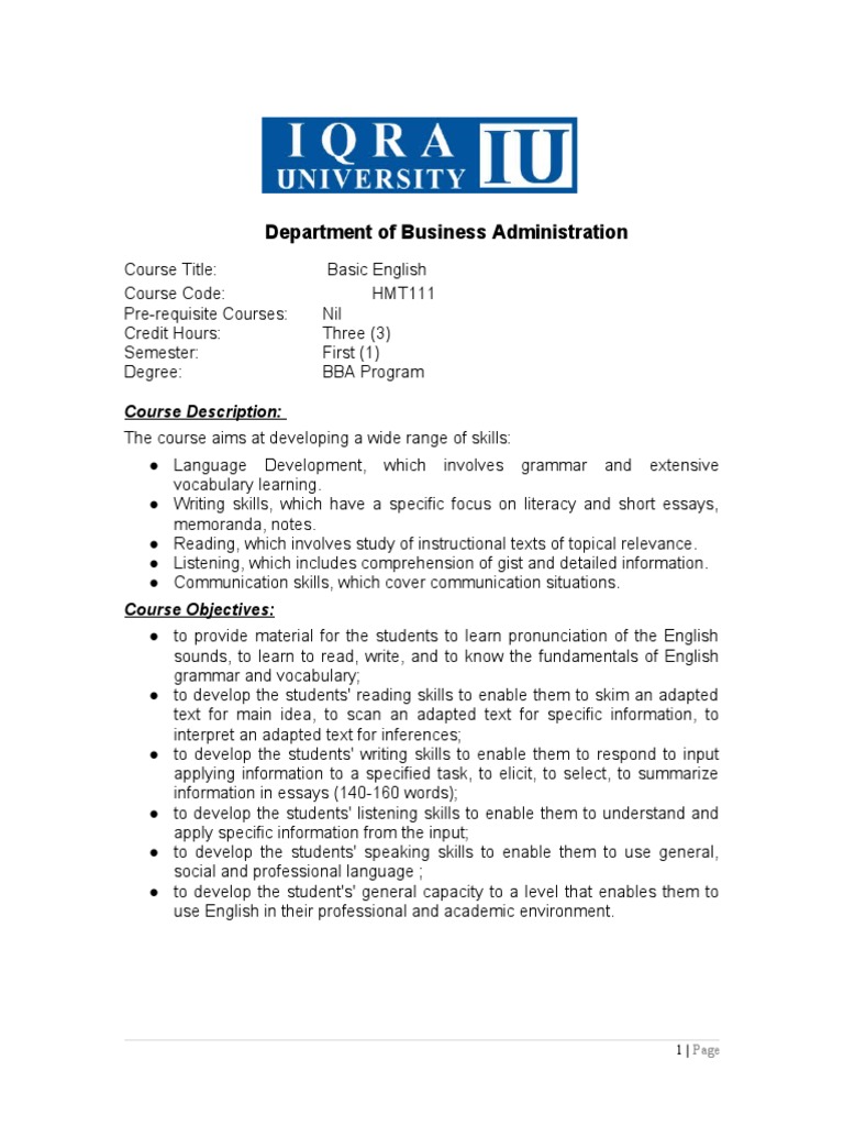 Basic English Course Outline - BBA | PDF | Verb | Phrase