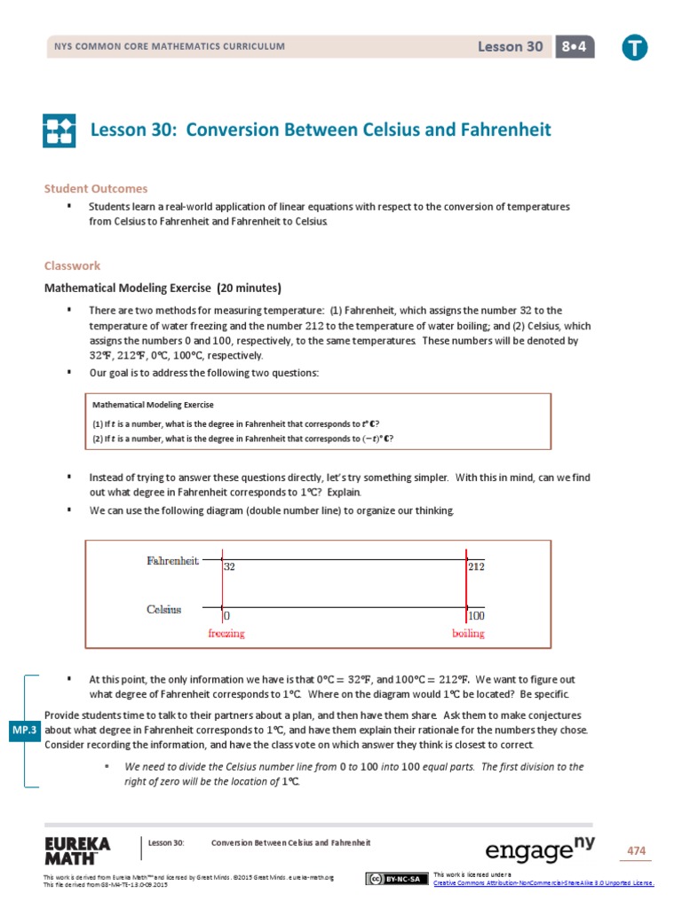 Lesson 30: Conversion Between Celsius and Fahrenheit: Student Outcomes ...