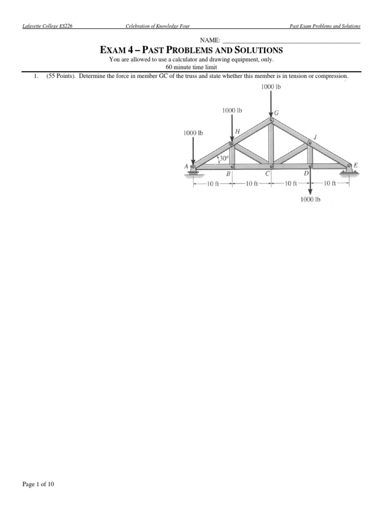 Lafayette College ES226 Exam 4 Solutions | PDF | Truss | Force