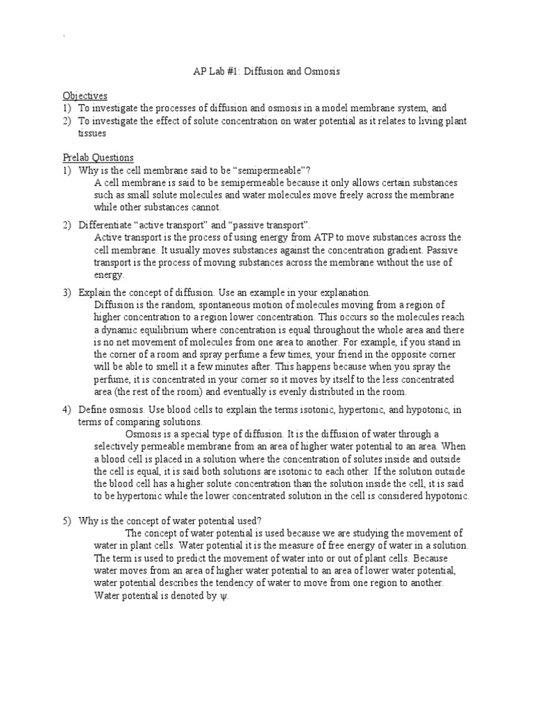 AP Biology: Diffusion & Osmosis Lab | PDF | Osmosis | Chemistry