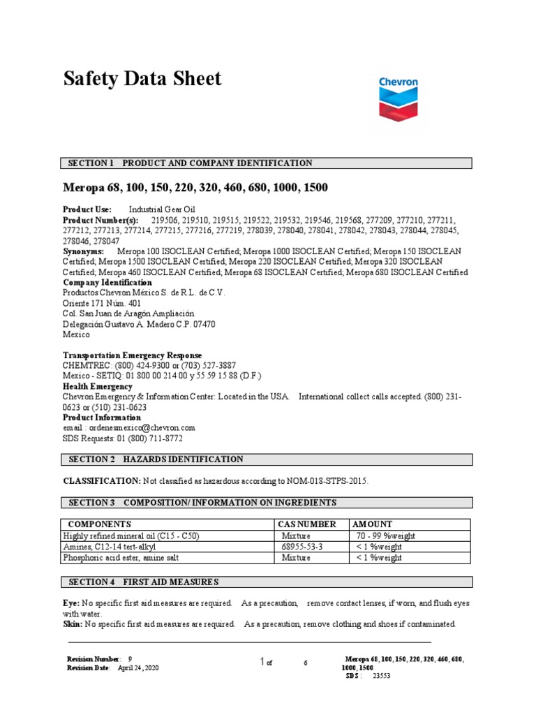 Safety Data Sheet: Meropa 68, 100, 150, 220, 320, 460, 680, 1000, 1500 ...