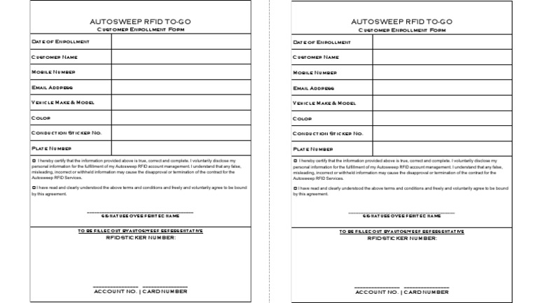 Autosweep Rfid To-Go Autosweep Rfid To-Go: Customer Enrollment Form ...