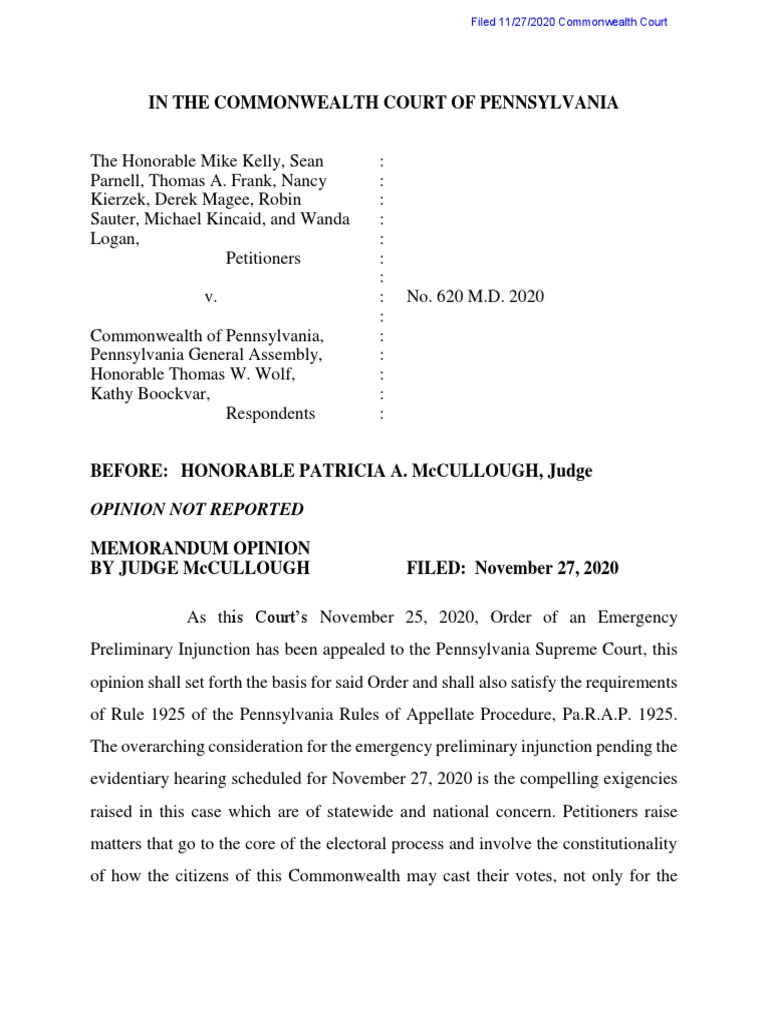 Memorandum Opinion Filed in Pennsylvania by Judge McCullough - Election ...