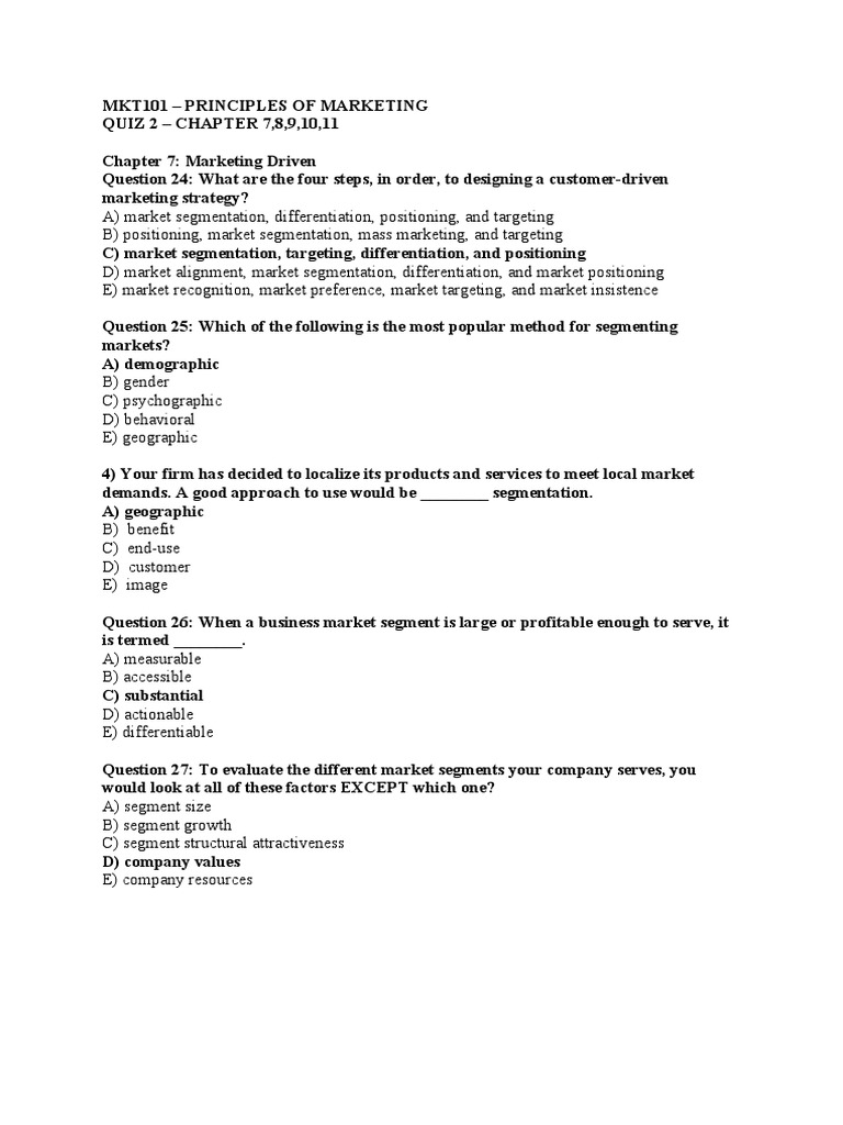 MKT101 Quiz 2 1 | Download Free PDF | Pricing | Market Segmentation