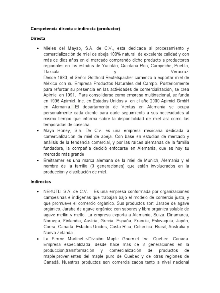 Competencia Directa e Indirecta Producto | PDF | Miel de maple | Alimentos