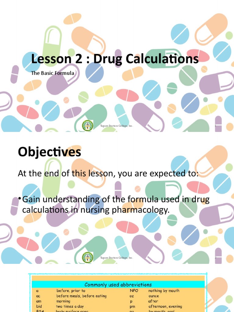 Lesson 2 Drug Calculations - PPTM | PDF | Dose (Biochemistry) | Chemistry