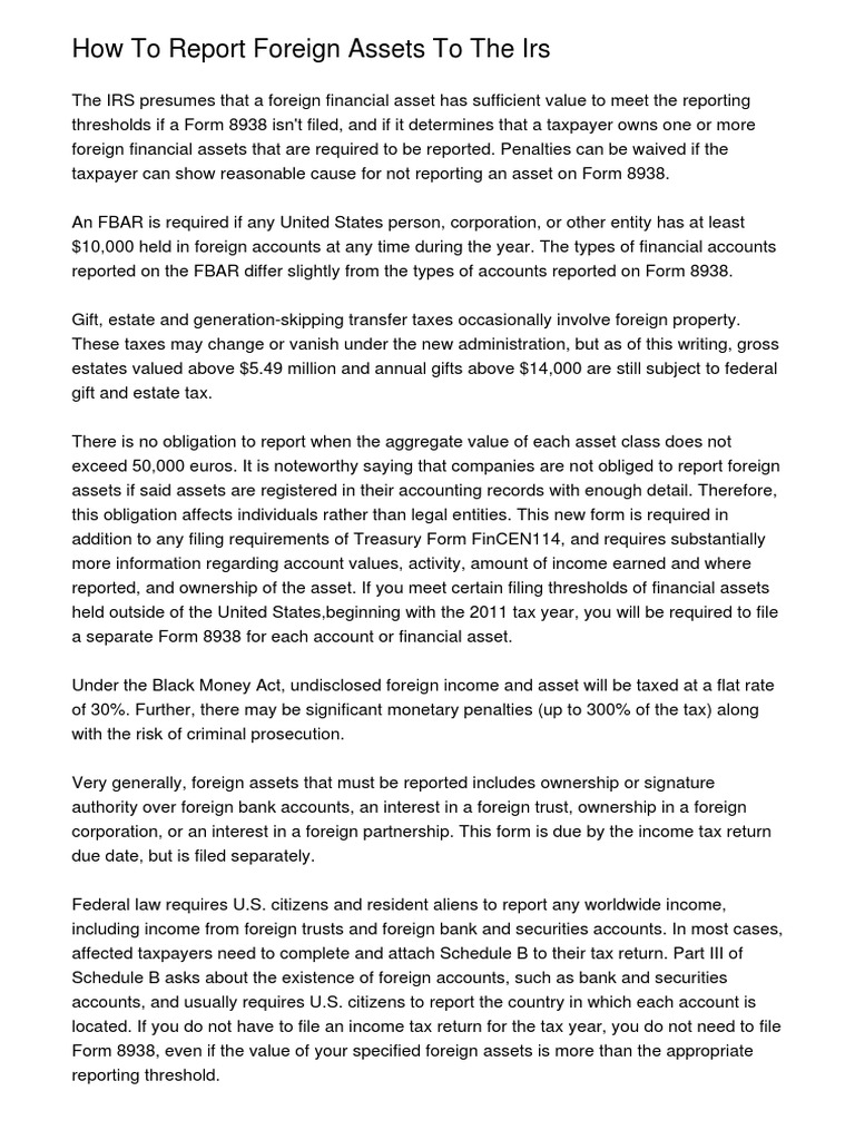 How To Report Foreign Assets To The Irszanpr PDF | PDF