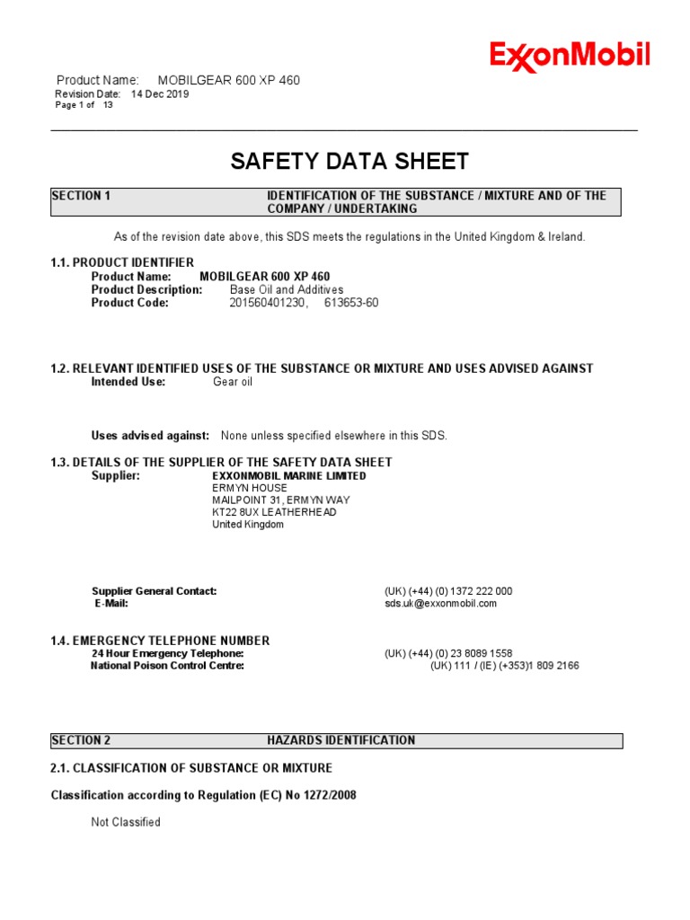 Safety Data Sheet: Product Name: MOBILGEAR 600 XP 460 | PDF | Toxicity ...