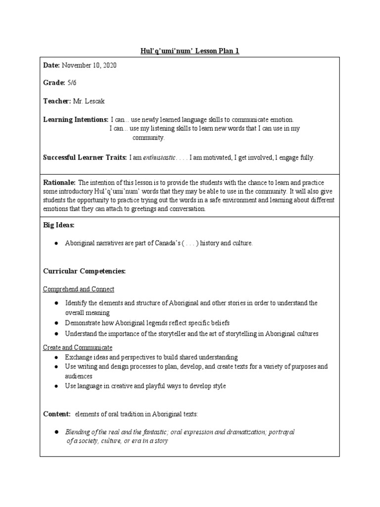 Hul'q'umi'num' Lesson Plan 1 Date: Grade: Teacher: Learning Intentions ...