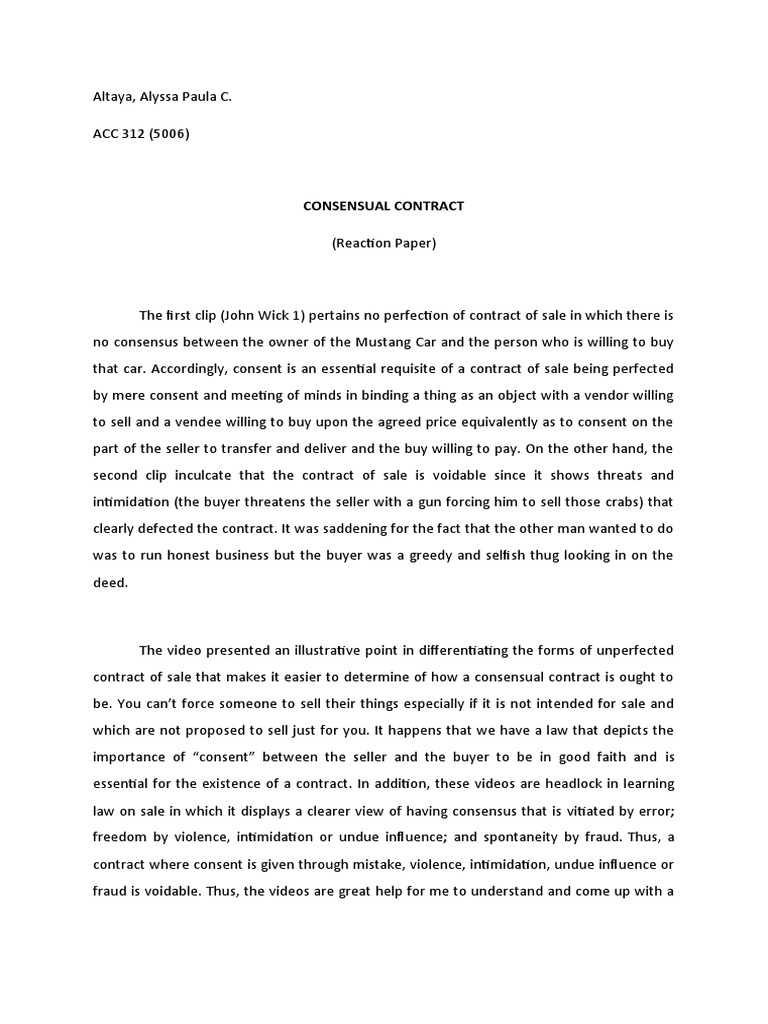 Consensual Contract - Reaction Paper 1 ACC 312 (5006) | PDF