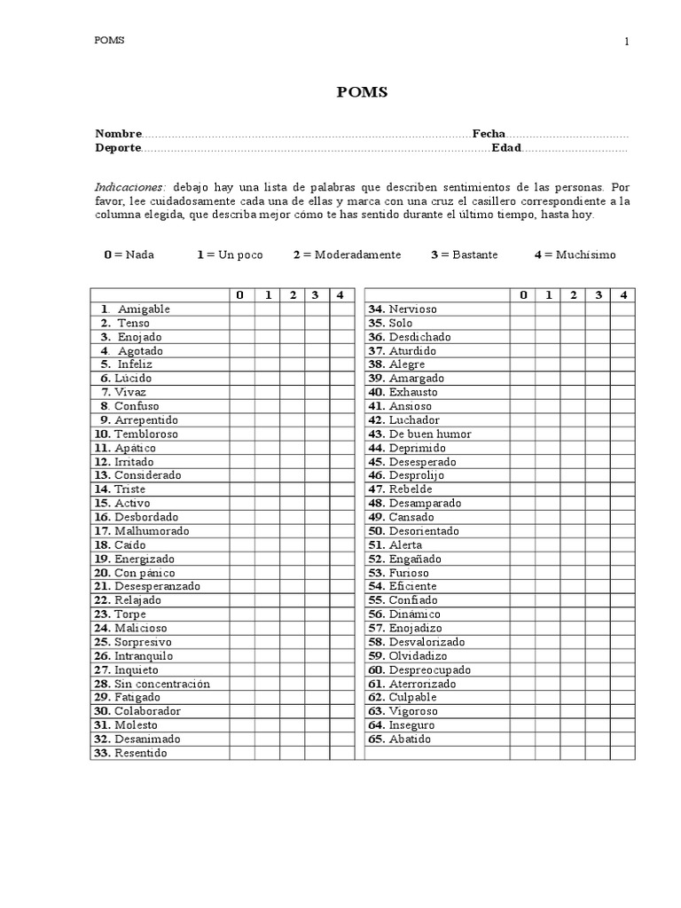 POMS Cuestionario Perfil | PDF | Violencia | Agitación