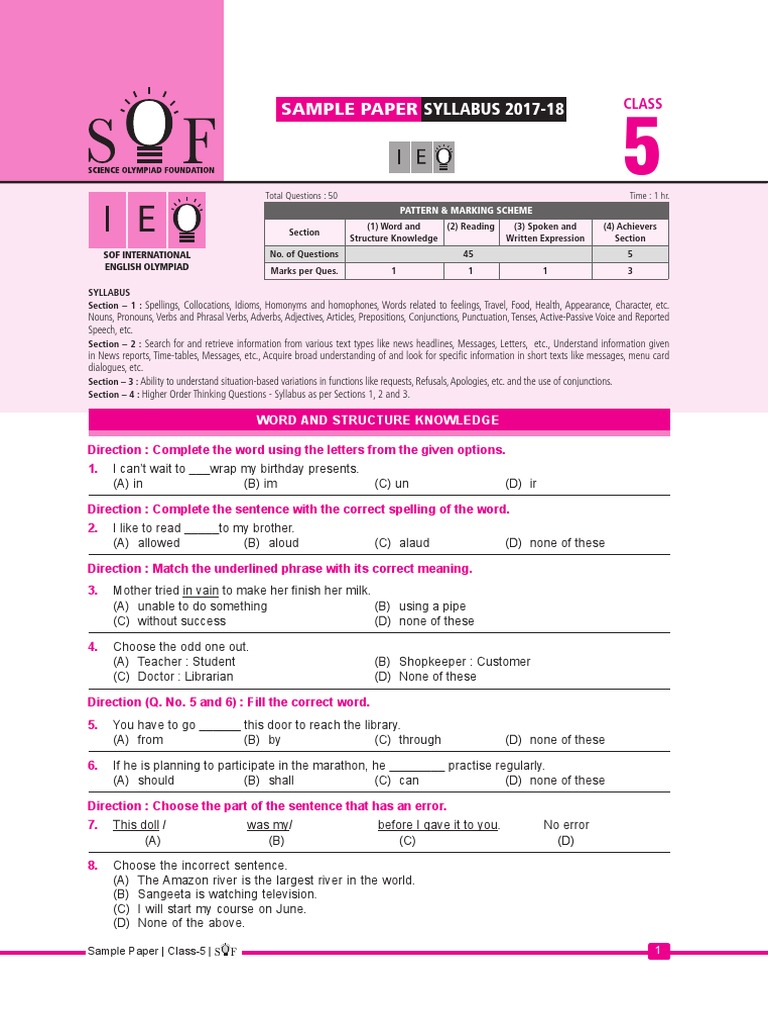 Ieo Sample Paper Class-5 | PDF | Phrase | Verb