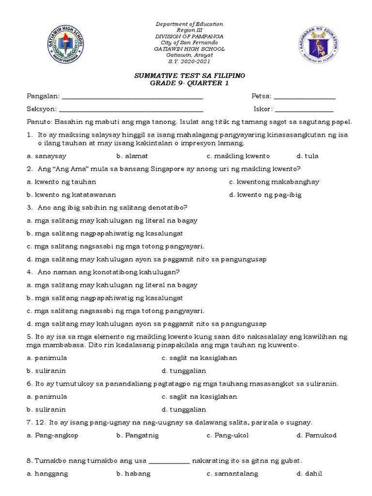 SUMMATIVE TEST GRADE 9 FILIPINO (AutoRecovered) | PDF