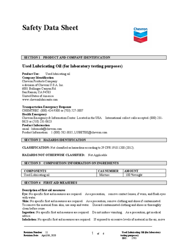 Safety Data Sheet: Used Lubricating Oil (For Laboratory Testing ...